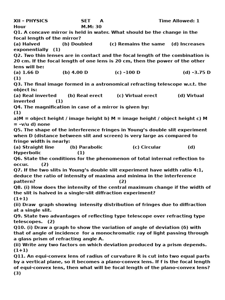 RAY OPTICS TEST | PDF | Refractive Index | Optics