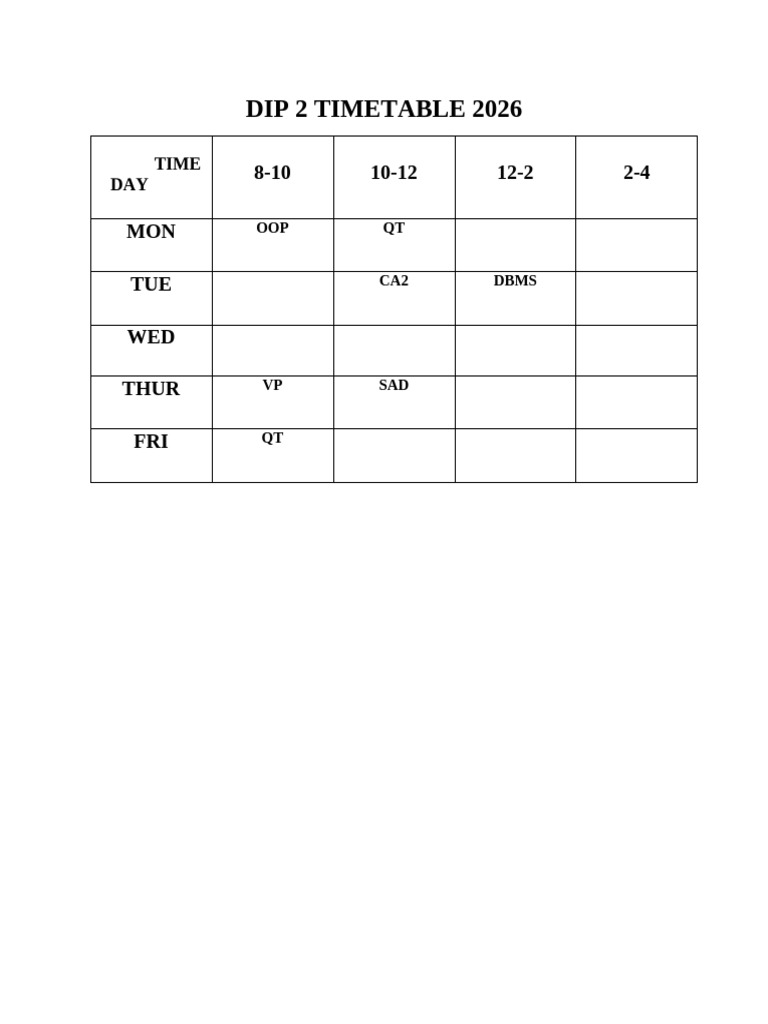 Dip 2 Timetable 2026 | PDF