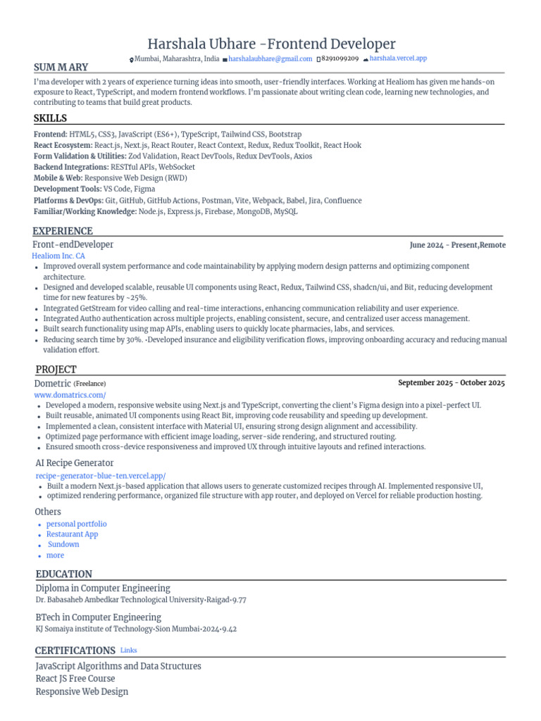 Harshala Frontend Developer | PDF | User Interface | Web Design