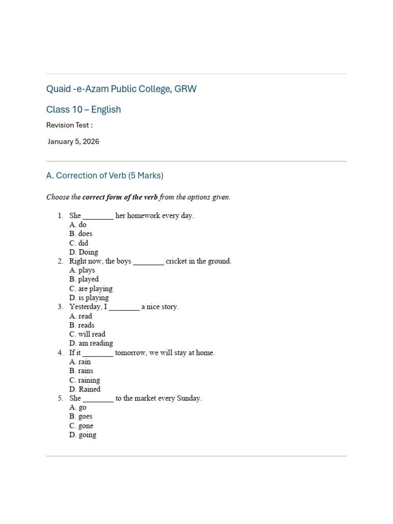 English Test Class 10, 5-1-26 | PDF