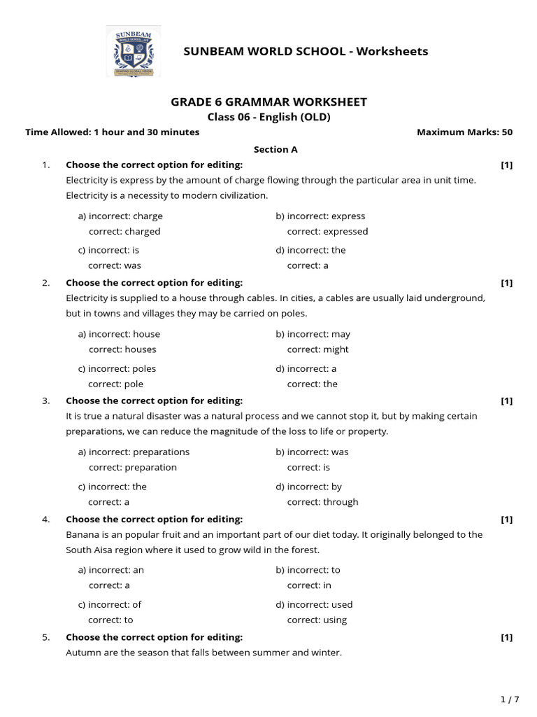 Grade 6 Grammar Worksheet | PDF | Verb
