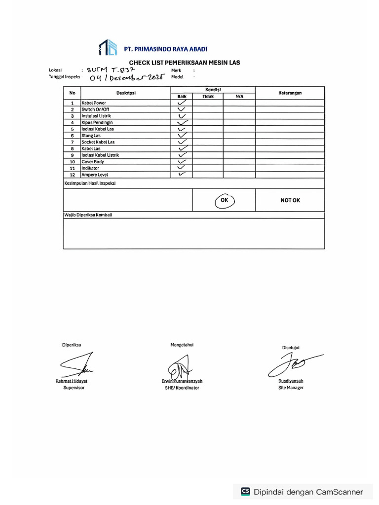 Check List Mesin Las RH | PDF