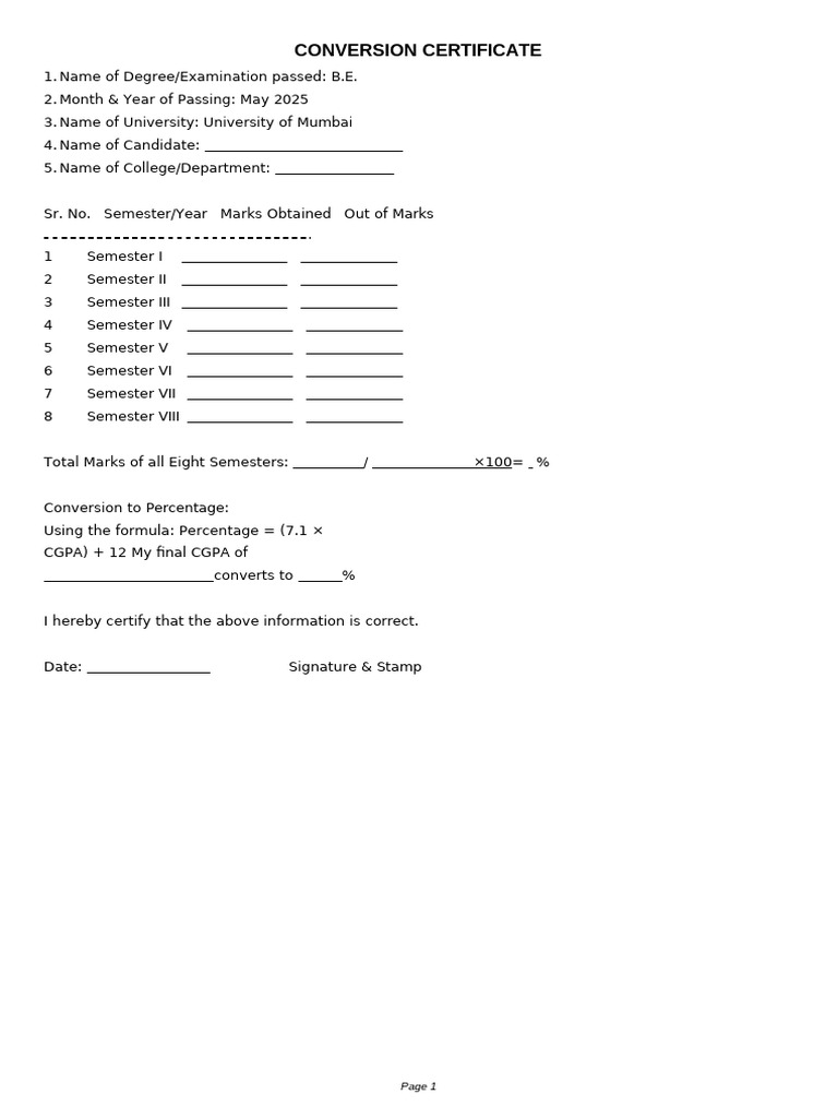 Mumbai University BE Conversion Certificate Single Page | PDF