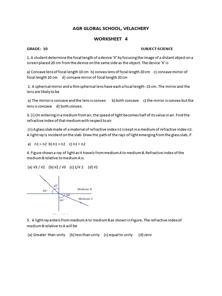 Grade 10 Science Worksheet on Light | PDF | Waves | Atomic
