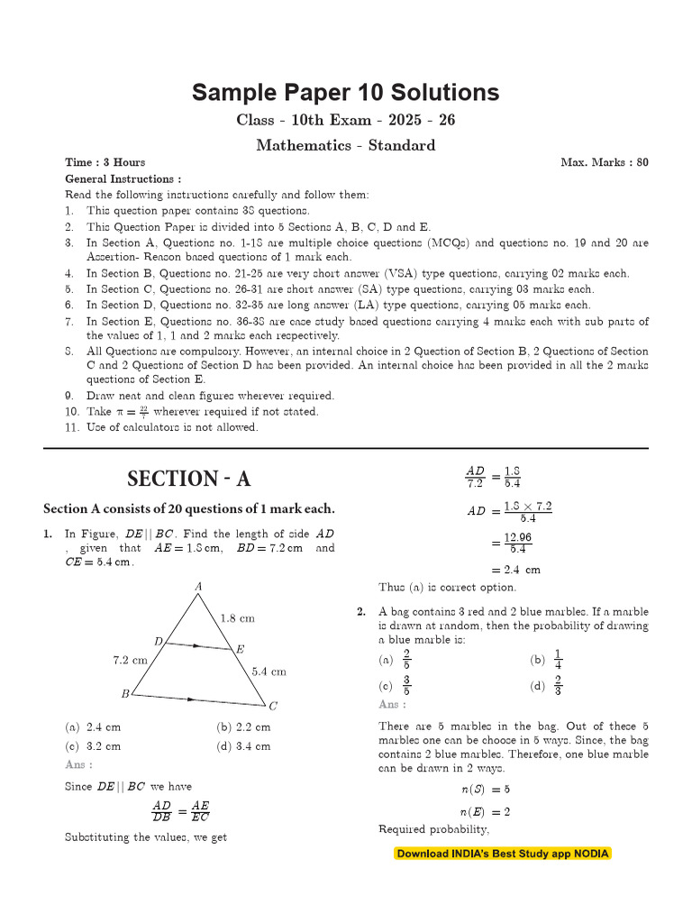 CBSE Class 10 Math Sample Paper Solutions | PDF | Sphere | Circle