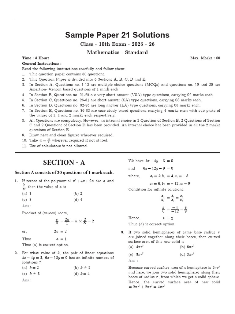 Nodia Class 10 Maths Solution Paper 21 | PDF | Circle | Sphere