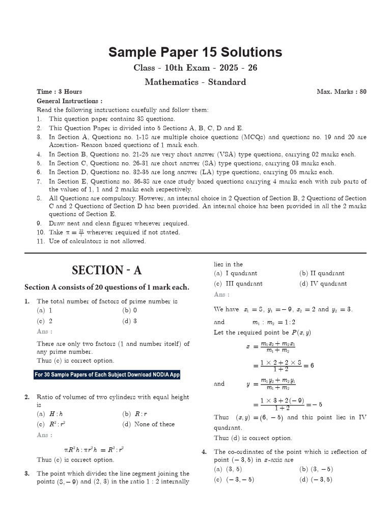CBSE Class 10 Math Sample Paper Solutions | PDF | Circle | Zero Of A ...