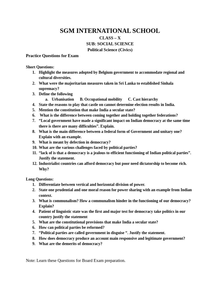 Practice Questions Civics | PDF