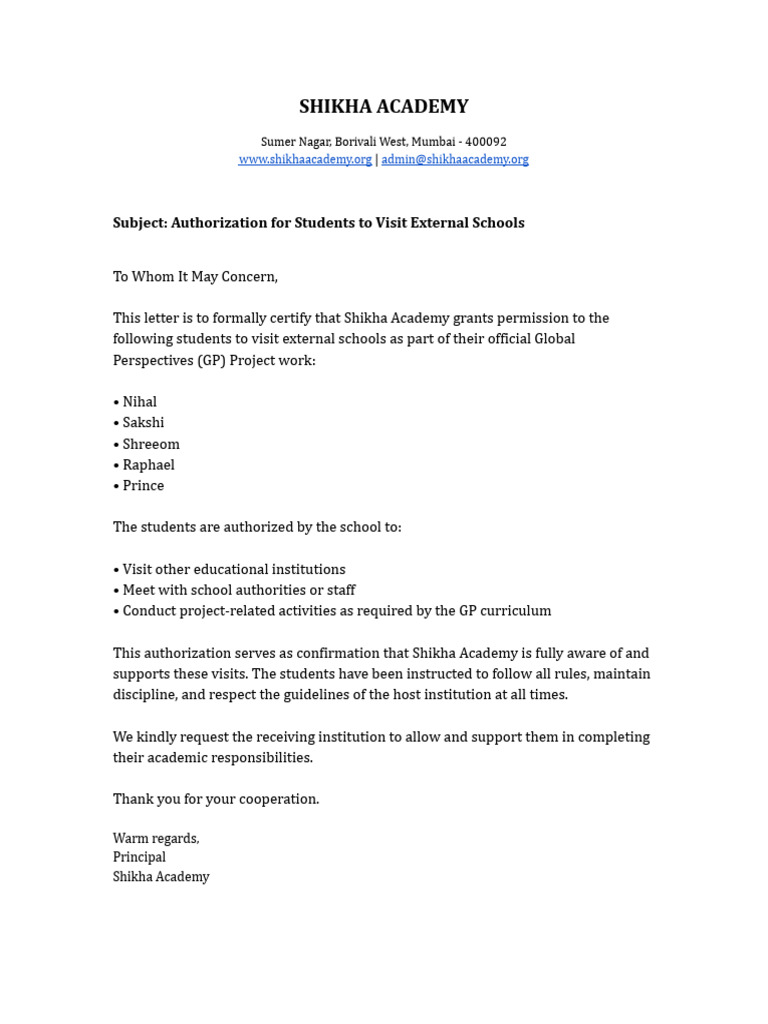 Student Visit Authorization Letter | PDF