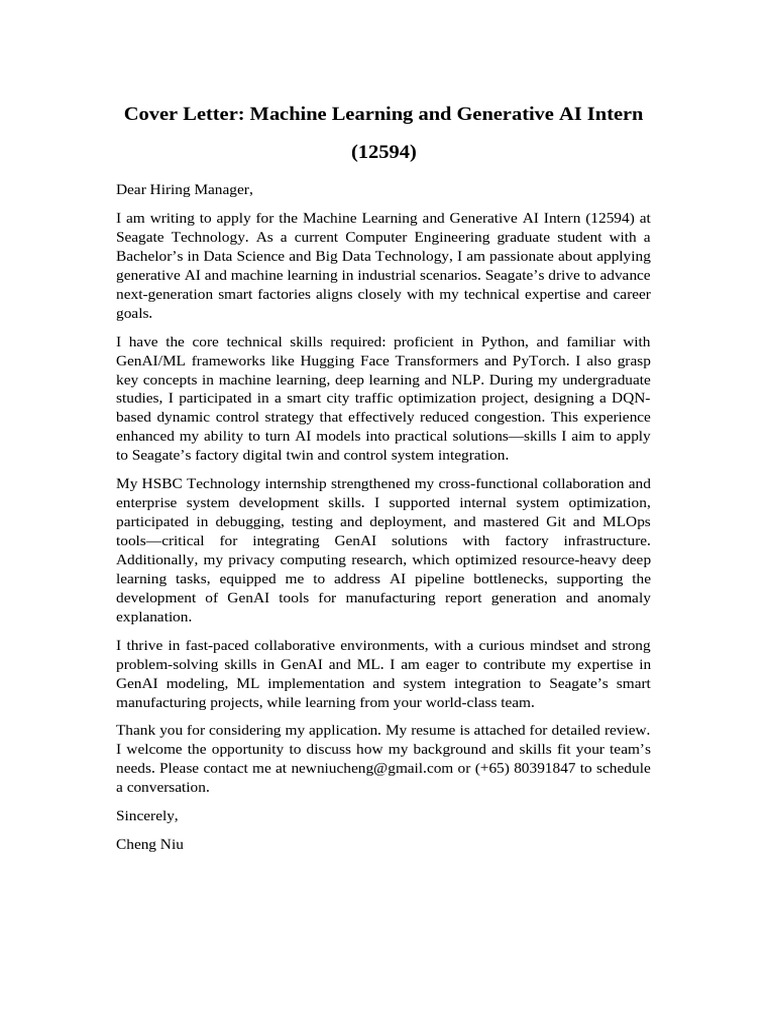 Machine Learning Intern Cover Letter | PDF