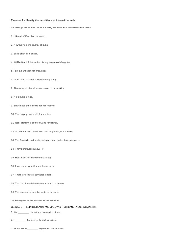 Transitive vs Intransitive Verbs Exercise | PDF