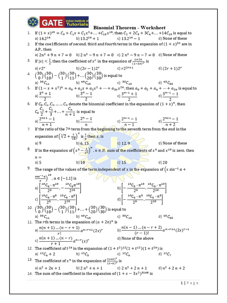Binomial Theorem - Worksheet With Solutions | PDF | Discrete ...