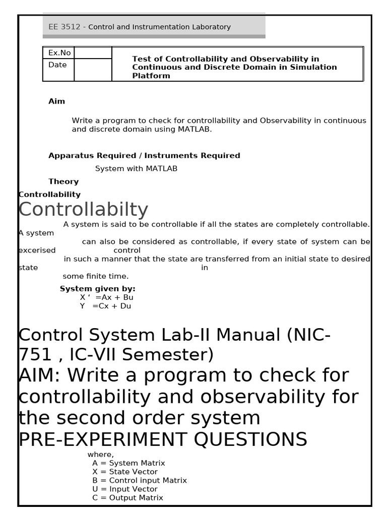 Controllability and Observability | PDF | Applied Mathematics ...