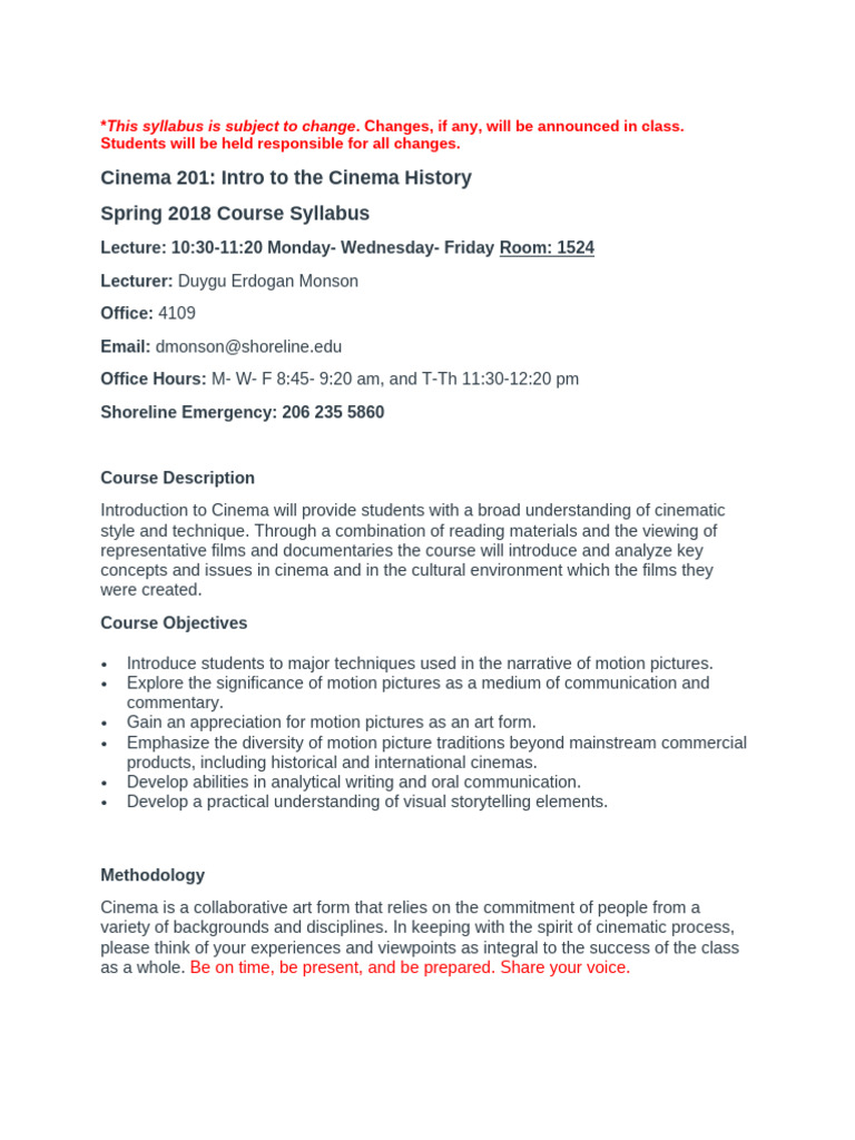 Intro to Cinema History Syllabus | PDF | Documentary Film