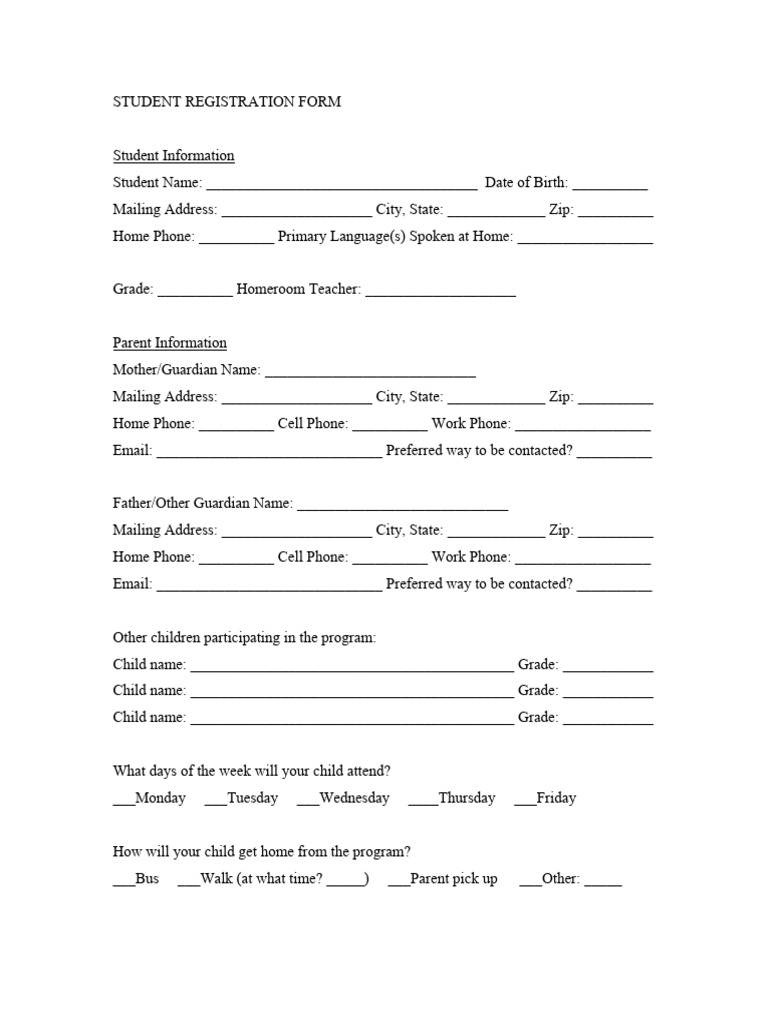 Student Registration Form Template | PDF