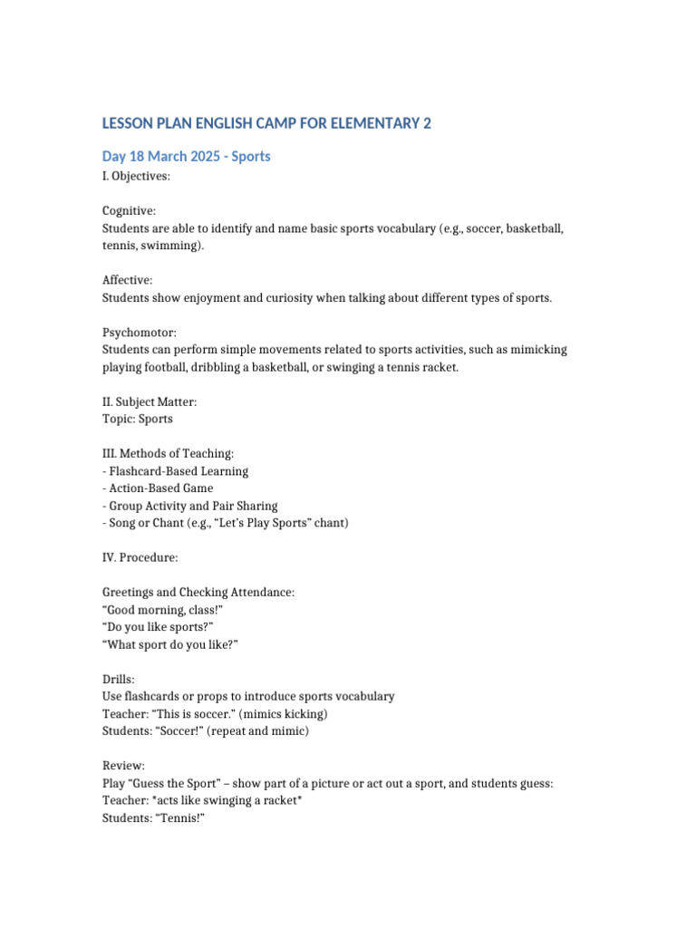 English Camp Lesson Plan 18-27 March | PDF