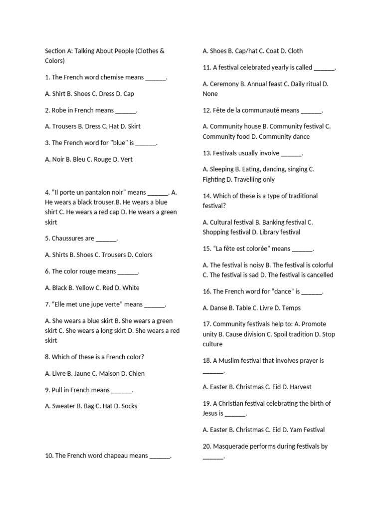 Exam questions jss 2 french second term | PDF | Skirt | Fashion