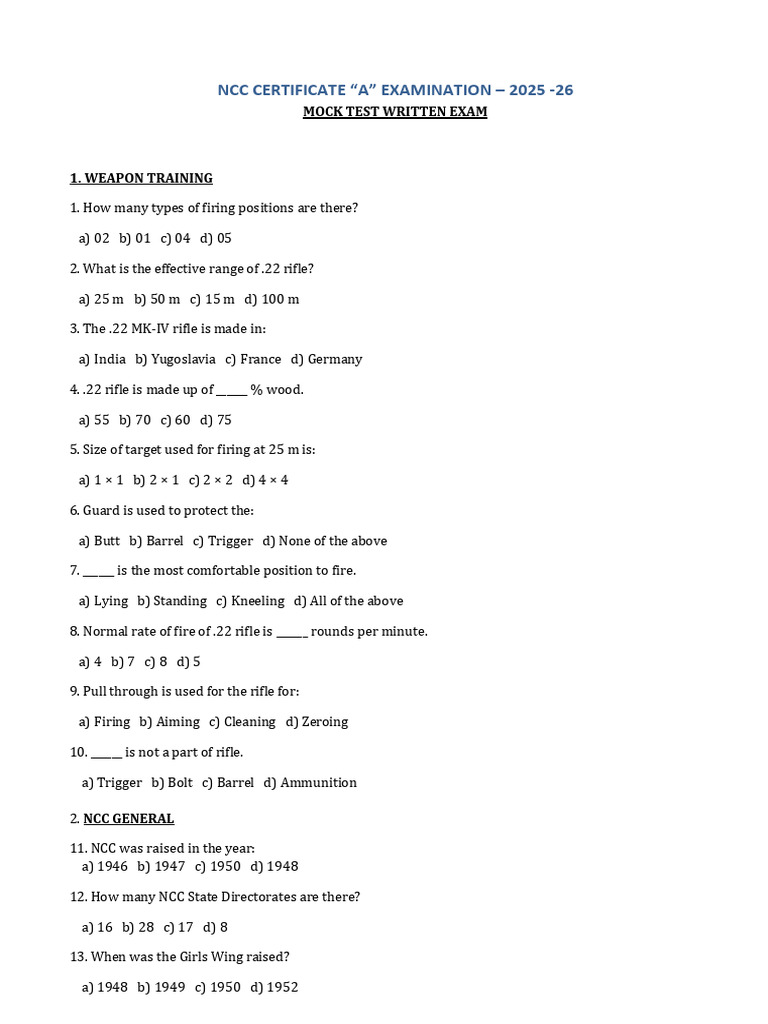 NCC Certificate A Exam 2025-26 Mock Test | PDF