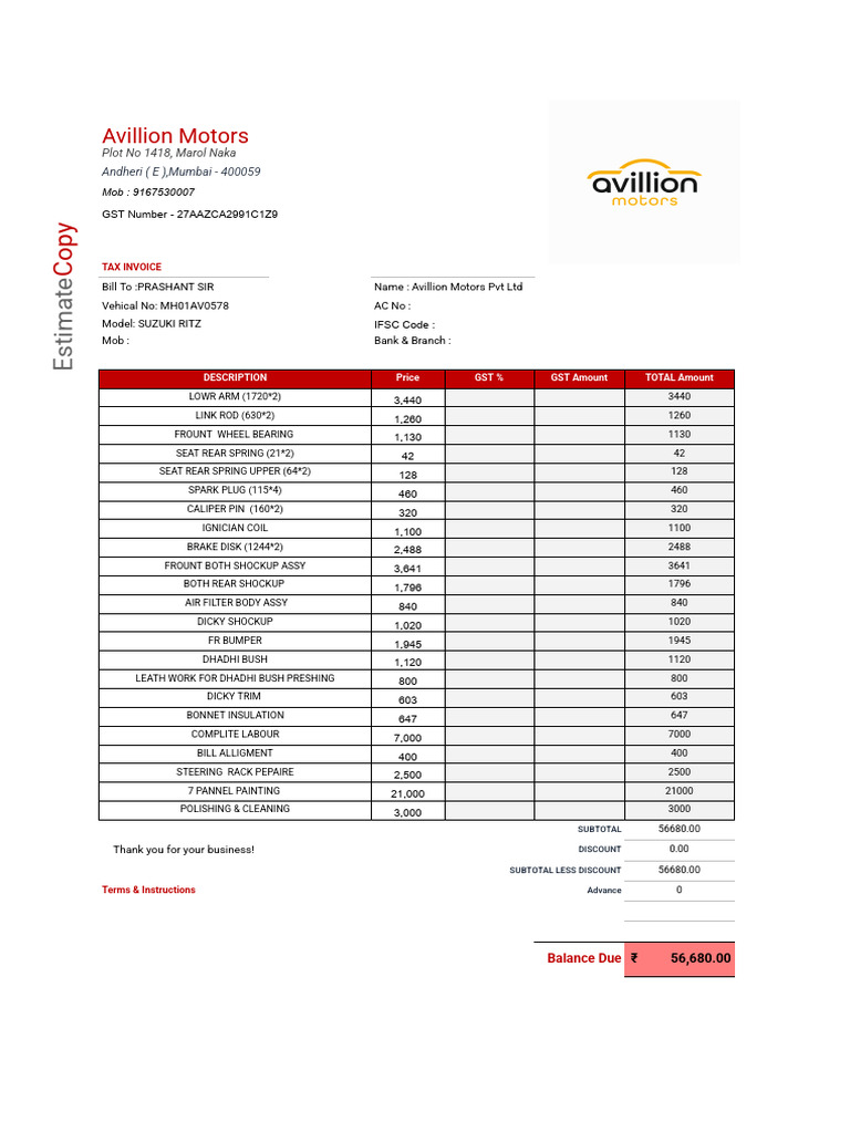 Tax Invoice Suzuki Ritz | PDF | Motor Vehicle | Rear Wheel Drive Vehicles