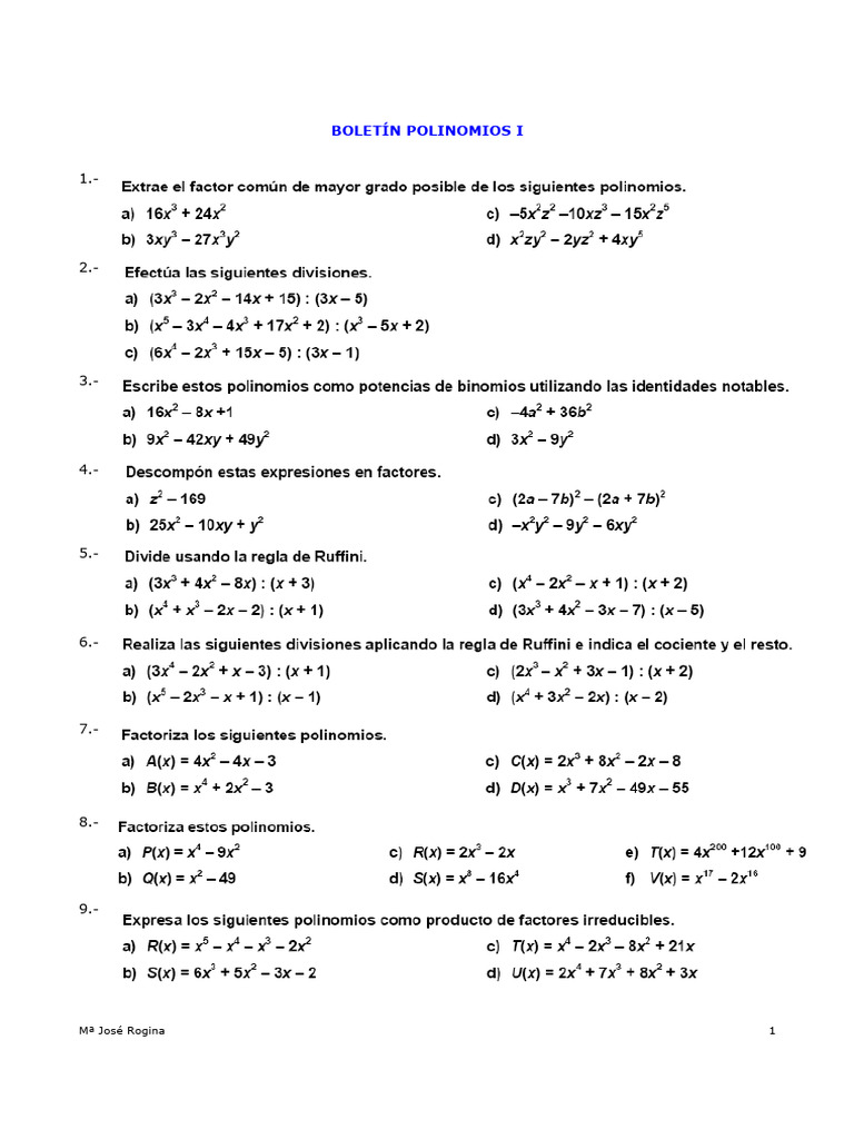 BOLETÍN POLINOMIOS enunciados | PDF