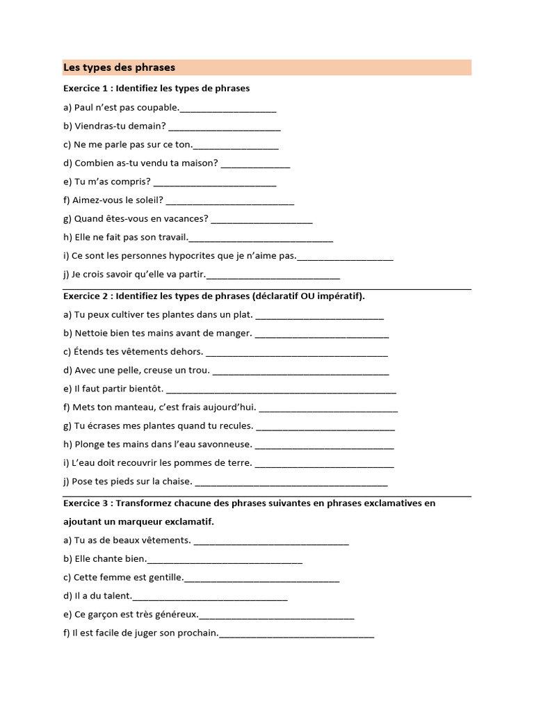 Types de phrases : exercices pratiques | PDF