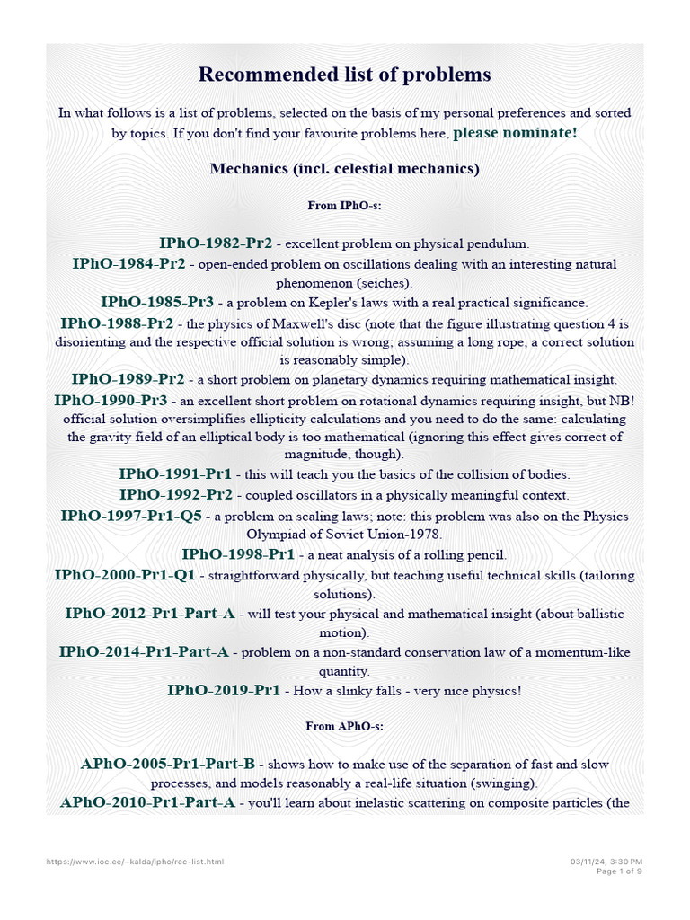 Recommended List of Problems | PDF | Physics | Magnetic Field