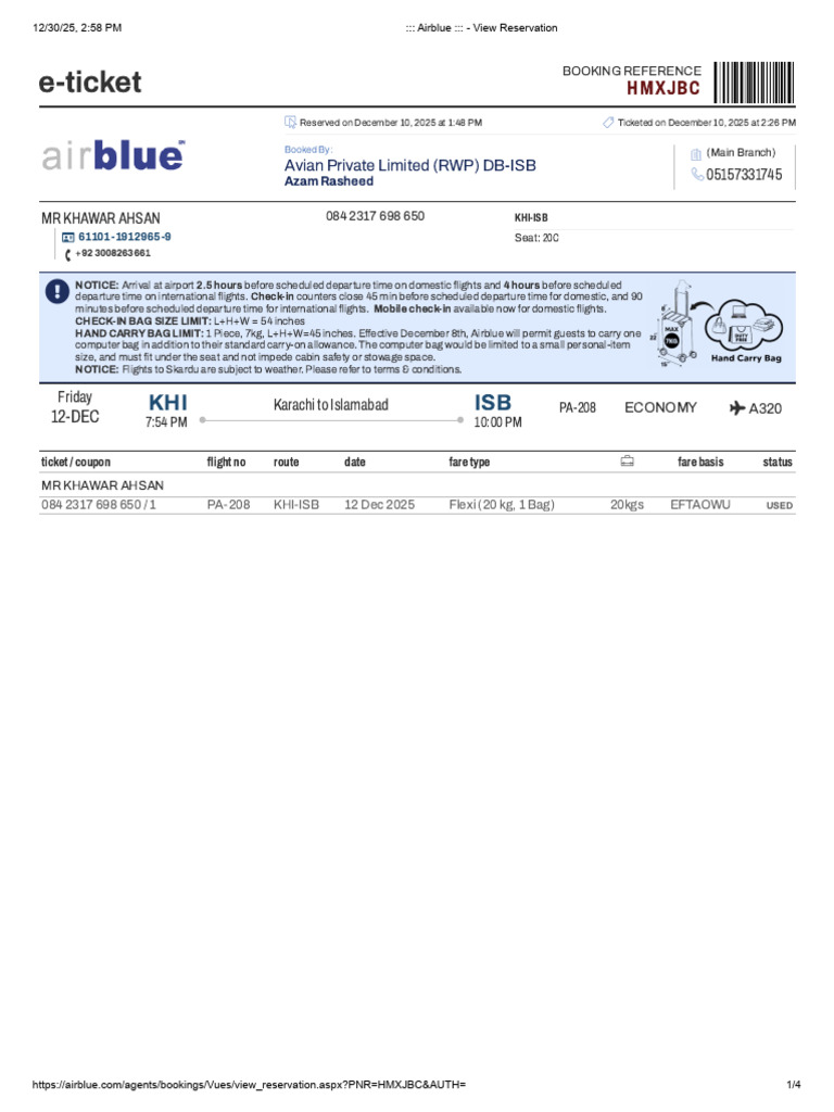 Airblue - View Reservation | PDF | Aviation | Airlines
