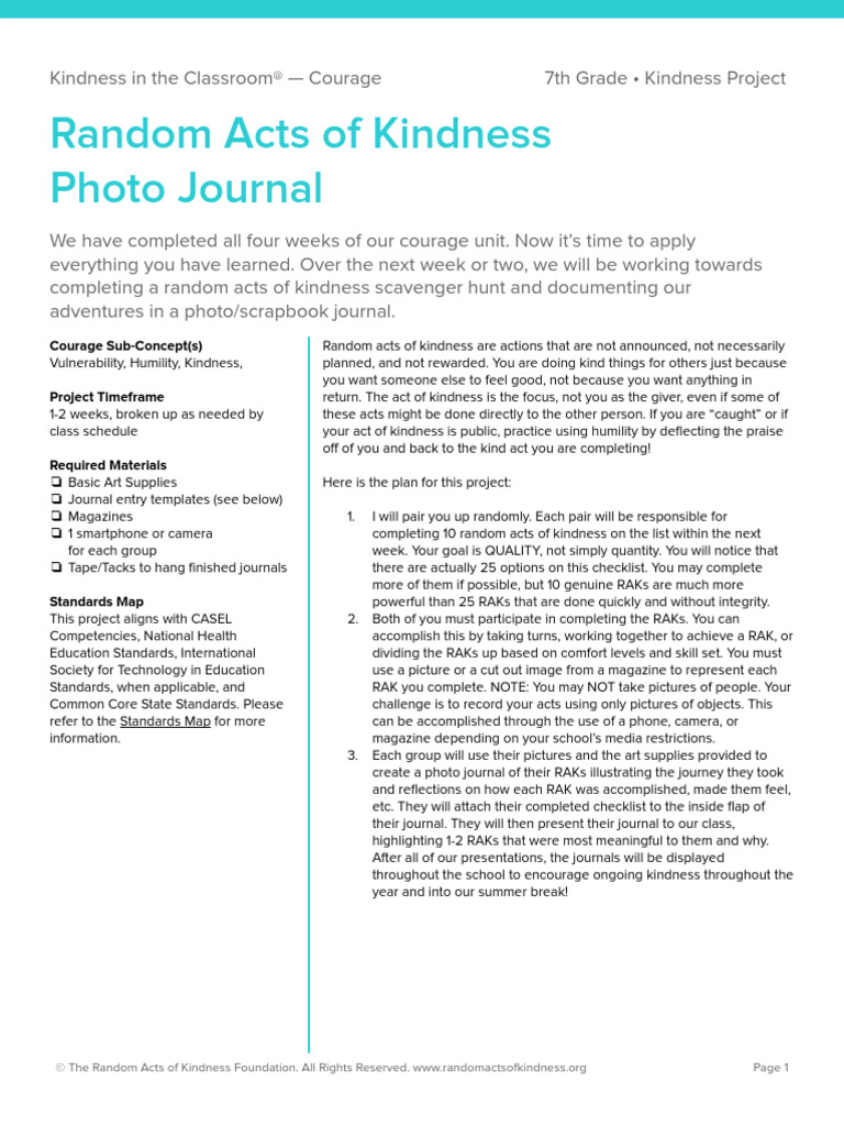 Grade 7 Courage Project 1 Random Acts of Kindness Photo Journal | PDF