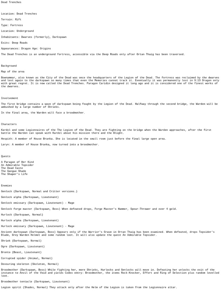 Dead Trenches: Darkspawn Fortress Guide | PDF