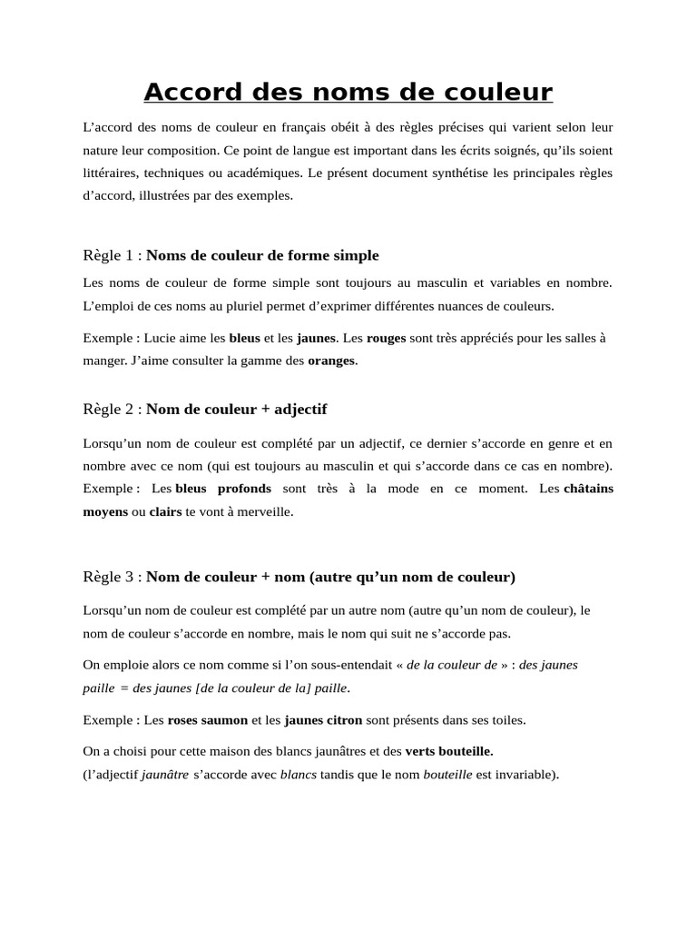Règles d'accord des noms de couleur | PDF | Genre grammatical | Couleur