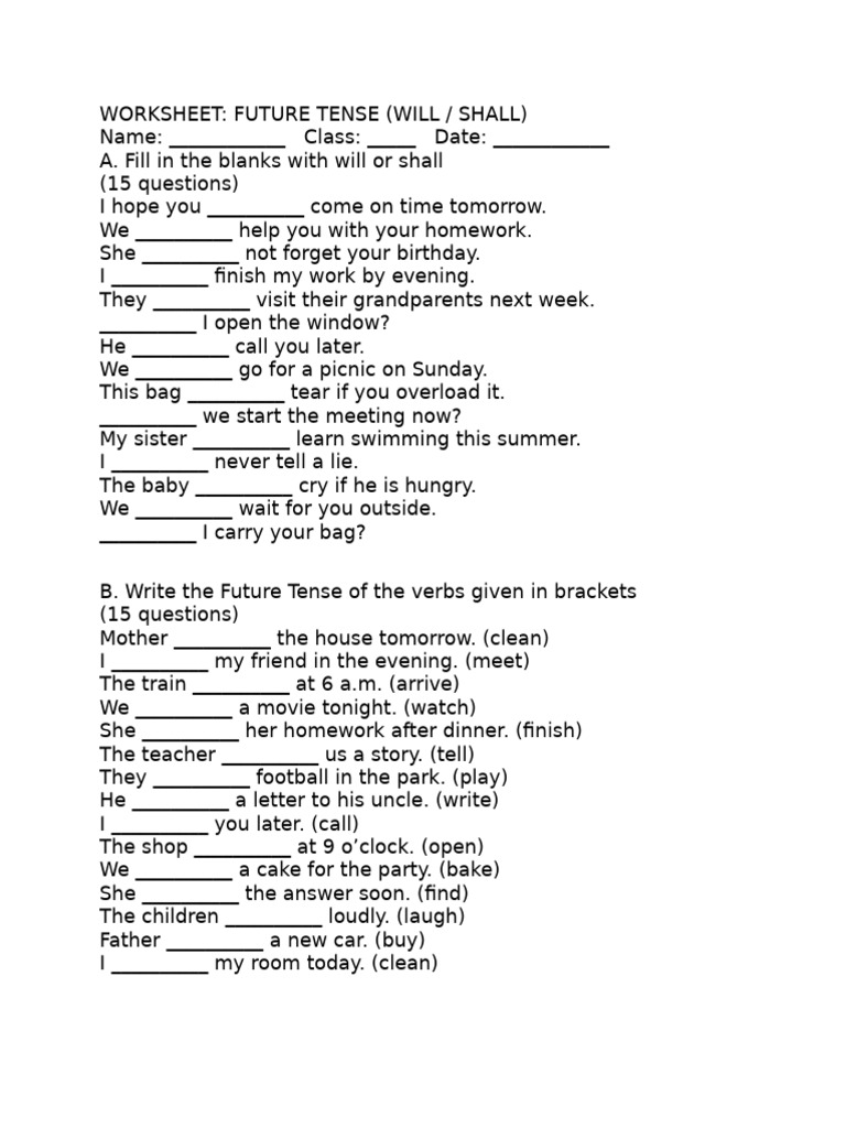 Worksheet Future Tense (Will | PDF
