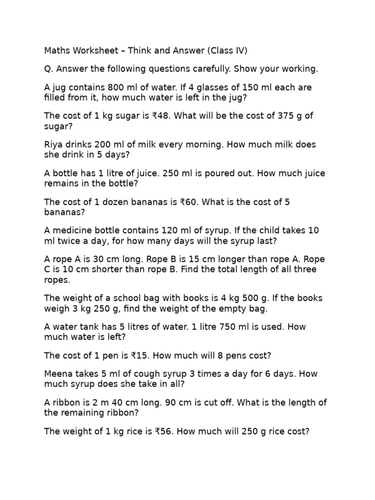 Class IV Maths Worksheet: Word Problems | PDF