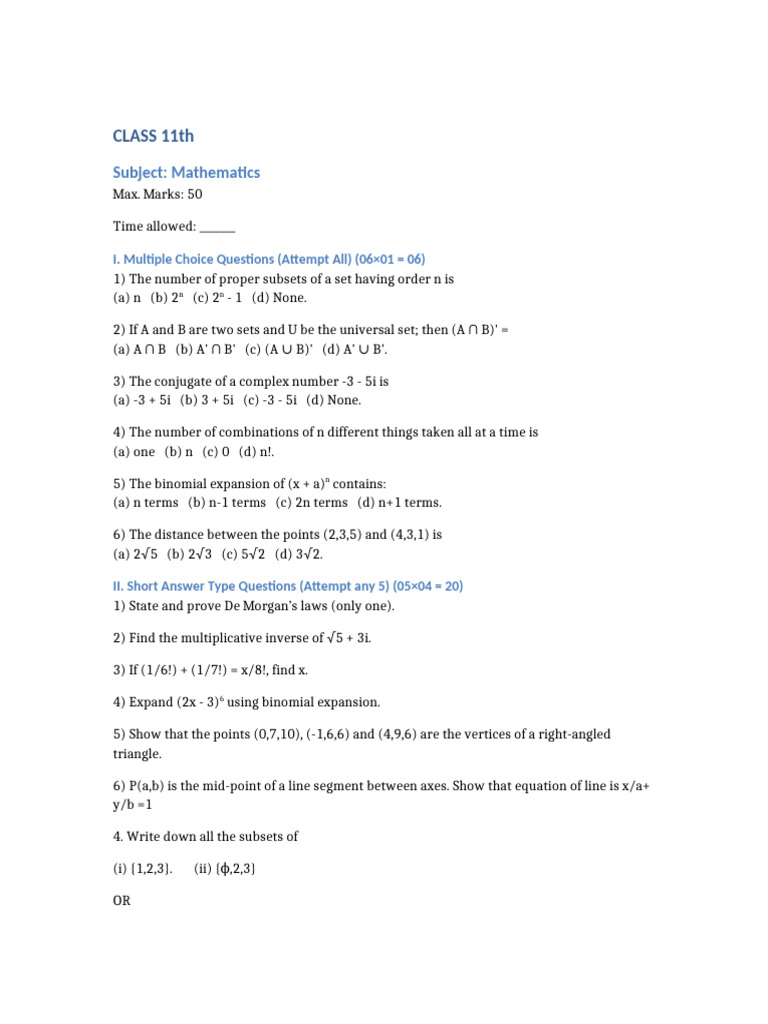 Class 11 Mathematics Exam Guide | PDF