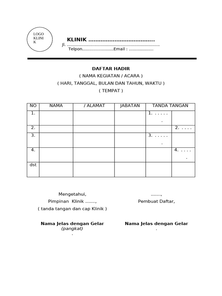 Format Baku Daftar Hadir Rapat Klinik | PDF
