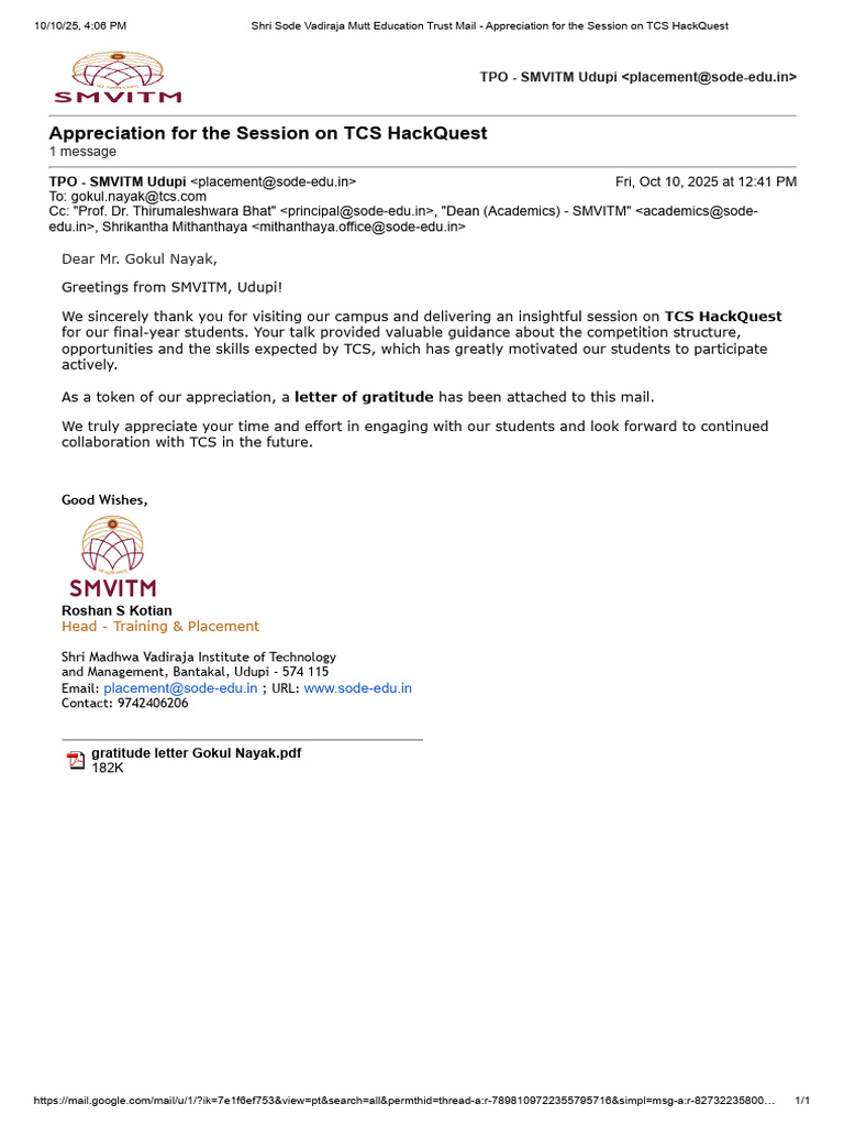 Appreciation For The Session On Tcs Hackquest: 1 Message | PDF