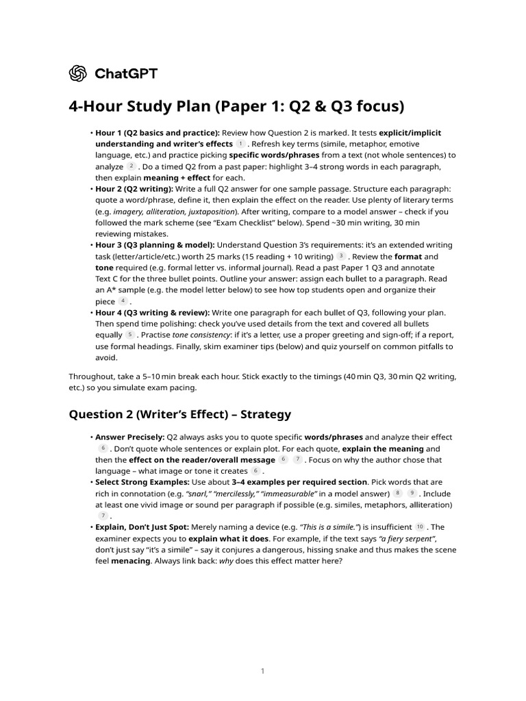 4-Hour Study Plan (Paper 1_ Q2 & Q3 Focus) | PDF | Metaphor | Word