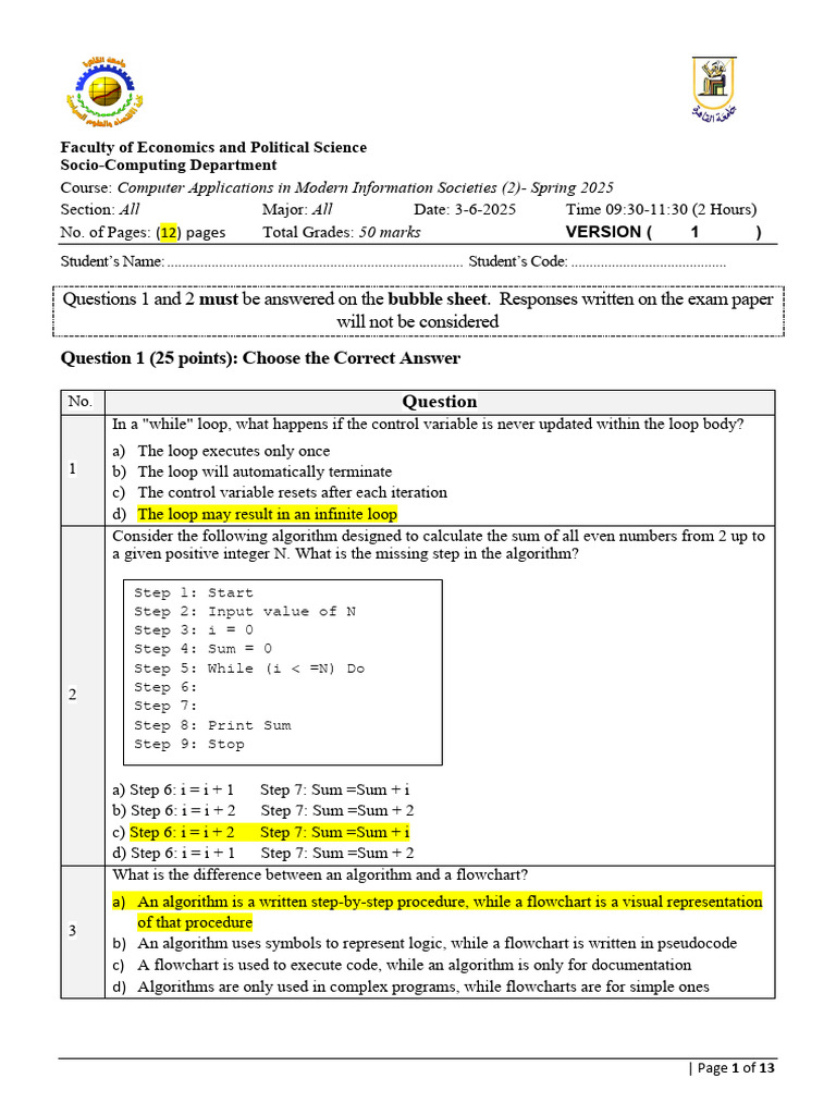 C201 Spring2025 FinalExam Answer | PDF | Control Flow | Computer ...
