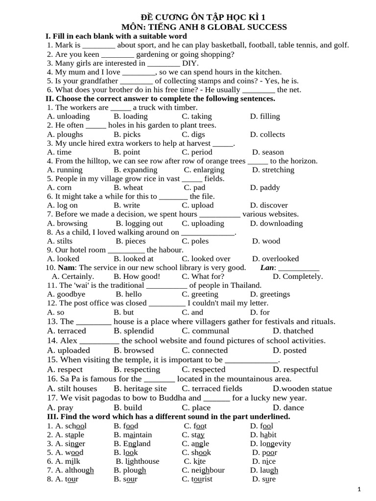 Đề Cương Hk 1 Ta 8 25-26 | PDF