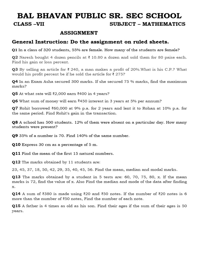 Winter h.hw(Maths)Class 7 | PDF