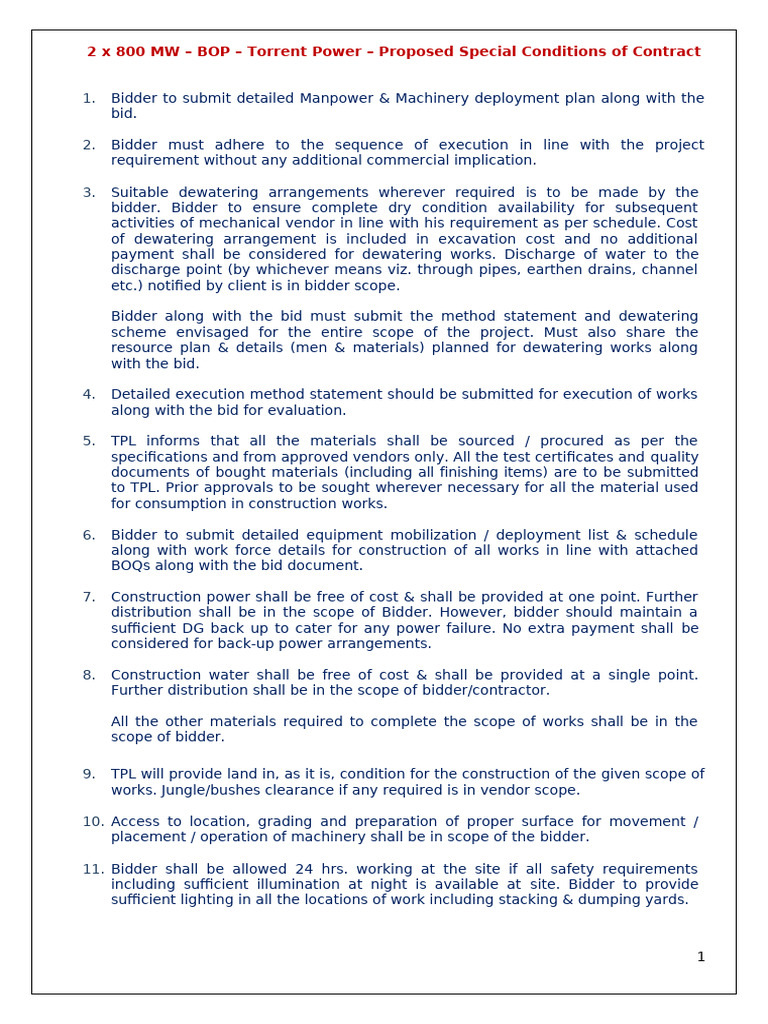 Torrent Power 2x800 MW BOP Contract Conditions | PDF