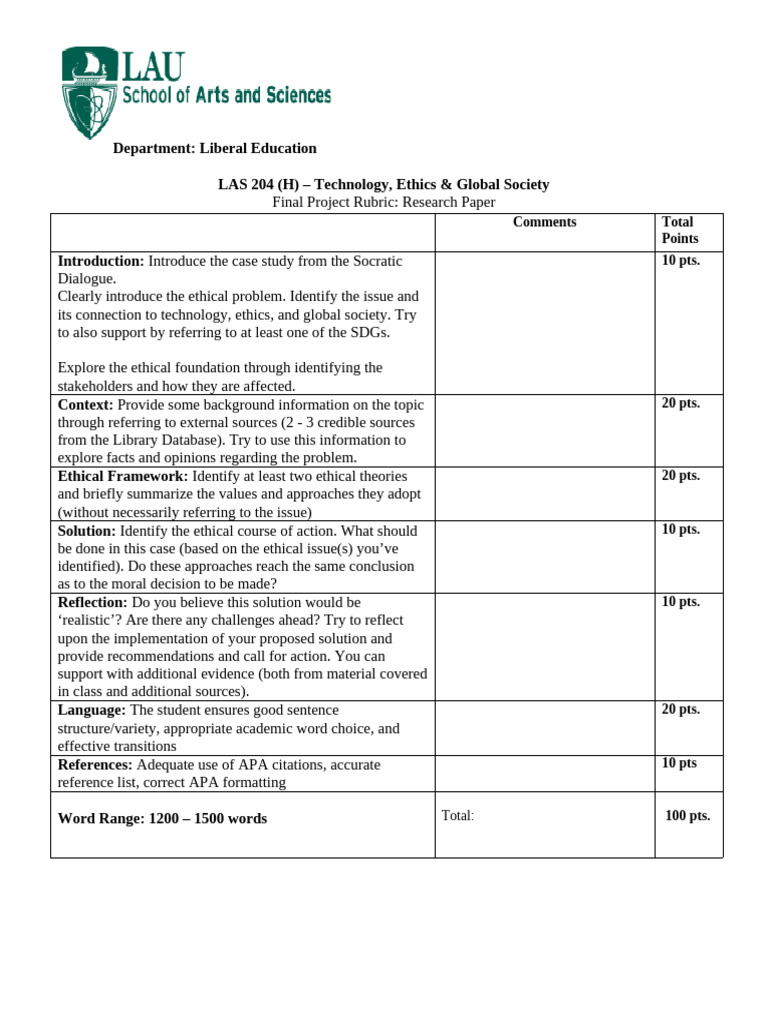 LAS 204 (H) - Final Project Rubric (1) (2) | PDF