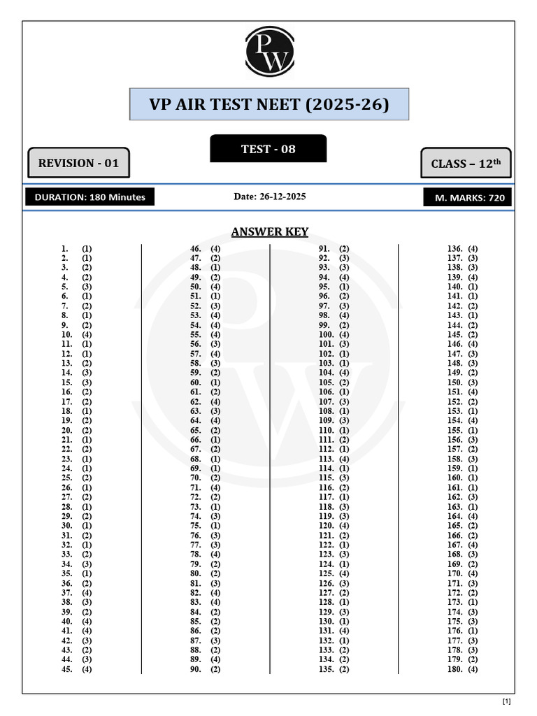 VP AIR Revision Part Test-08_Class 12th_NEET (2025)_26!12!2025_Answer ...