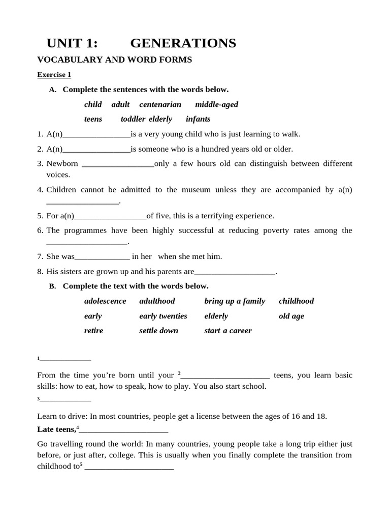 Vocabulary Exercises on Life Stages | PDF | Adolescence | Clothing