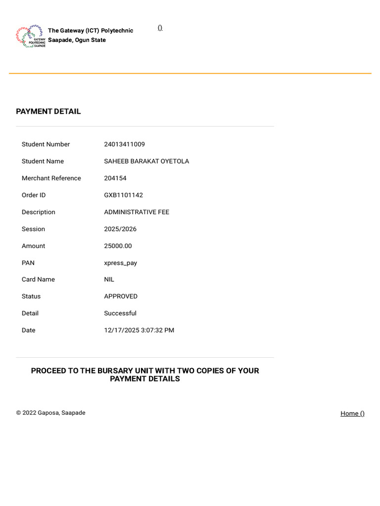 Gateway Polytechnic Payment Receipt | PDF