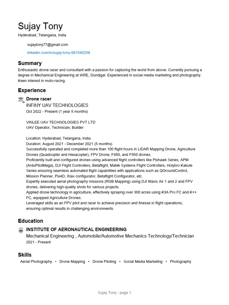Resume Sujay Tony | PDF