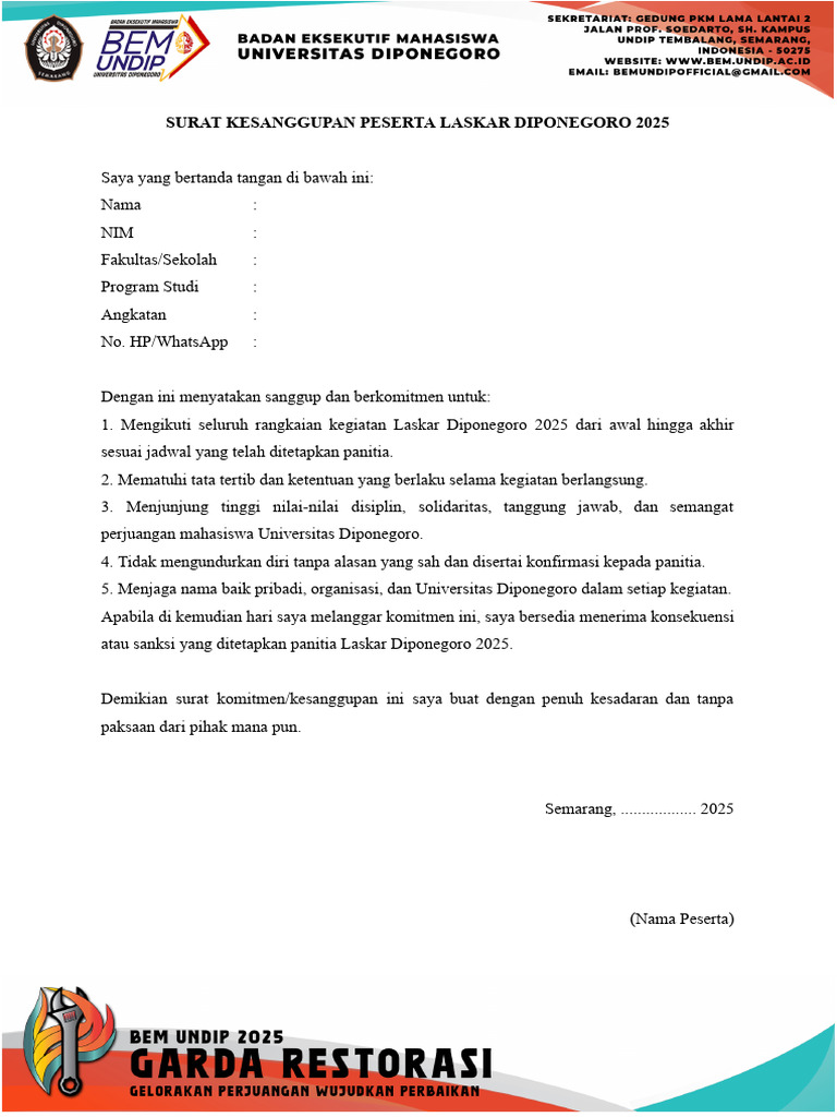Surat Kesanggupan Laskar Diponegoro 2025 | PDF