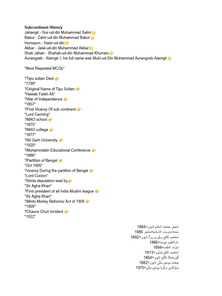 Key Figures and Events in Subcontinent History | PDF | Mughal Empire