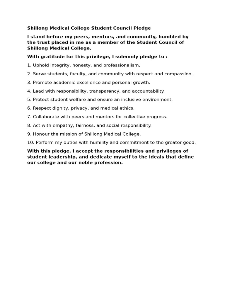 Shillong Medical College Student Council Pledge | PDF
