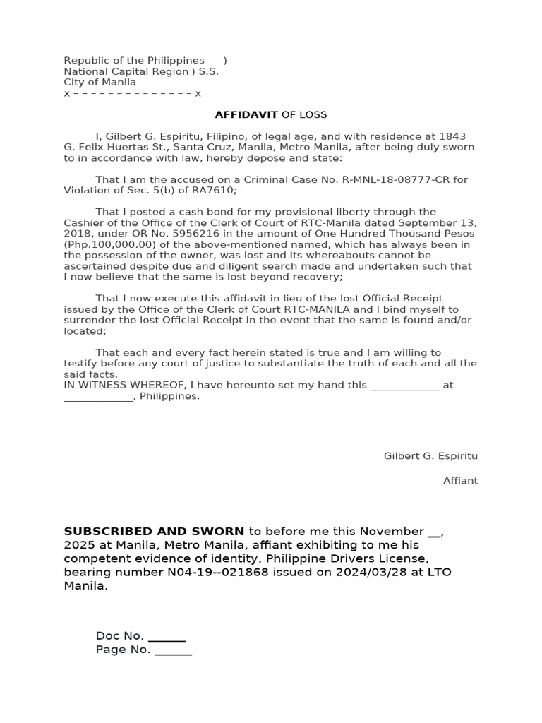 Affidavit of Loss for Official Receipt | PDF