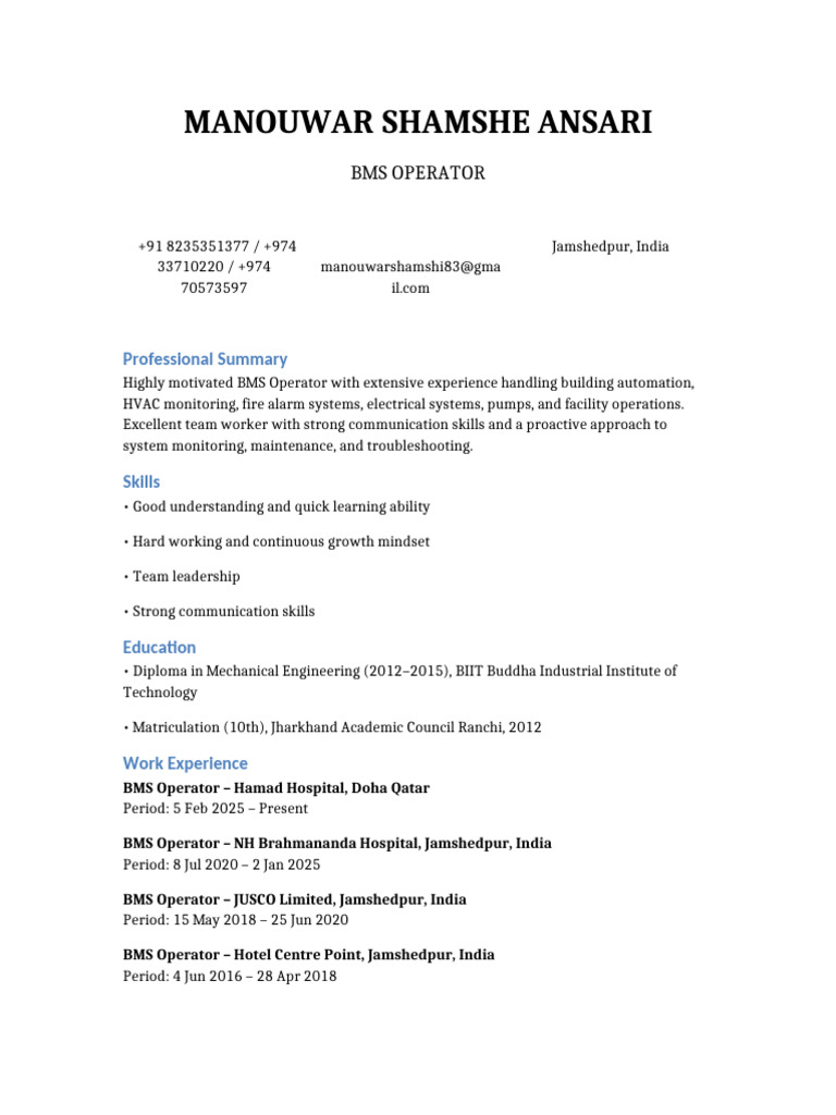 Experienced BMS Operator Resume | PDF